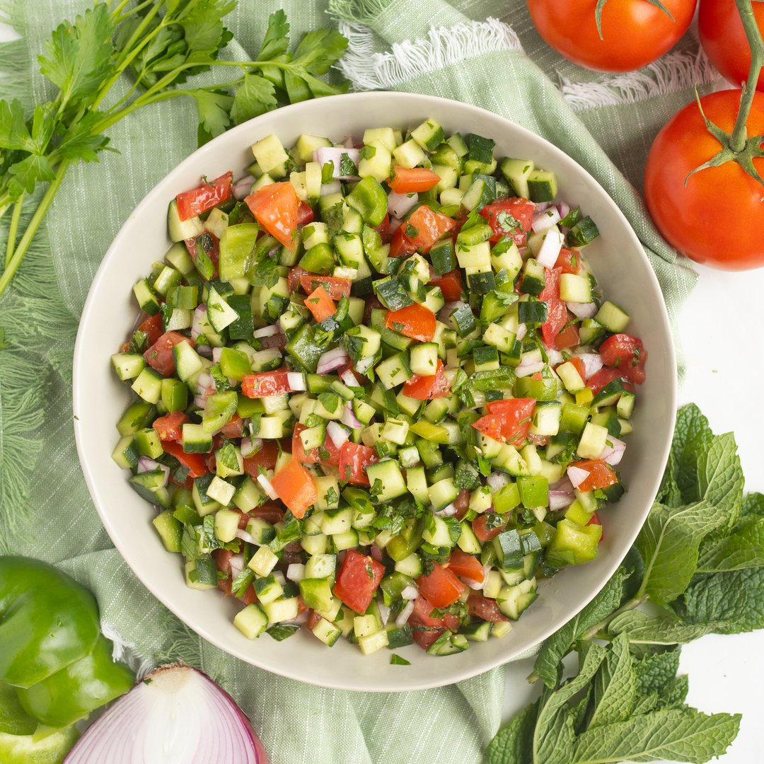 Chopped Israeli Salad with Cucumber, Tomato, Bell Pepper, Onion & Fresh ...