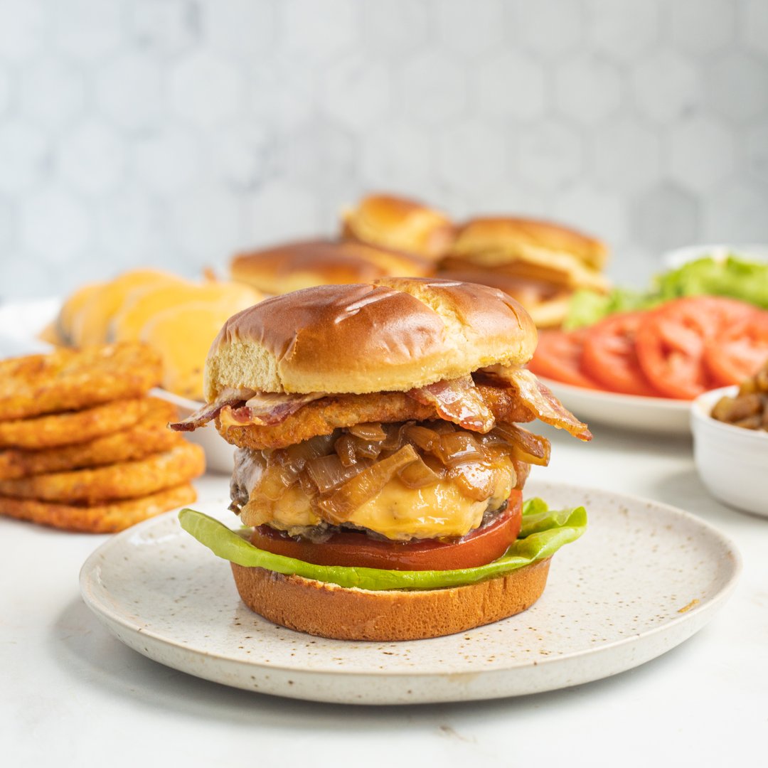 Ultimate Cheeseburger with Bacon, Caramelized Onions, Hash Browns ...