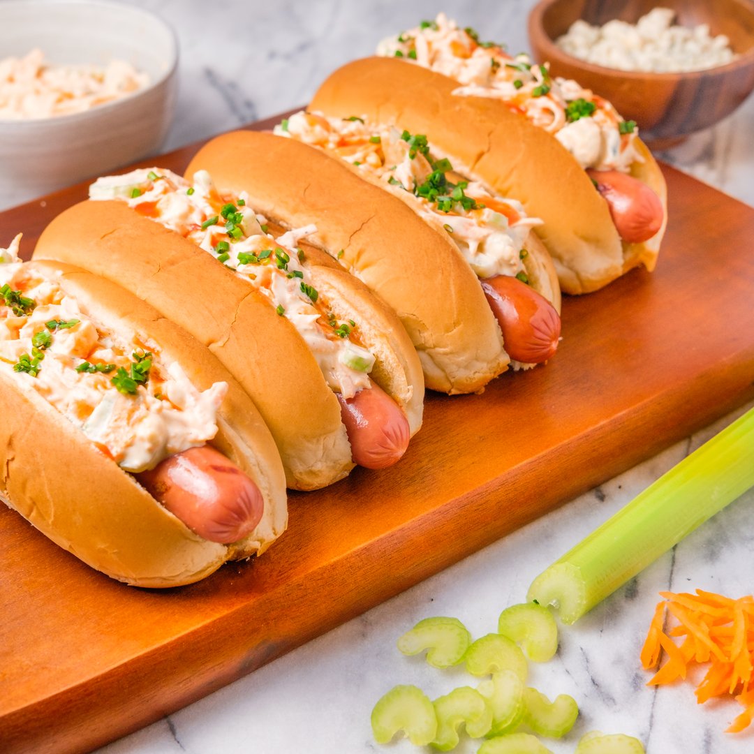 Buffalo Chicken Dog with Creamy Carrot, Celery & Blue Cheese Topping ...