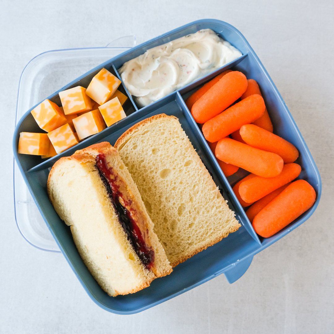 PB & Blueberry Jam Sandwich Bento Box with Colby Jack Cheese, Carrots ...