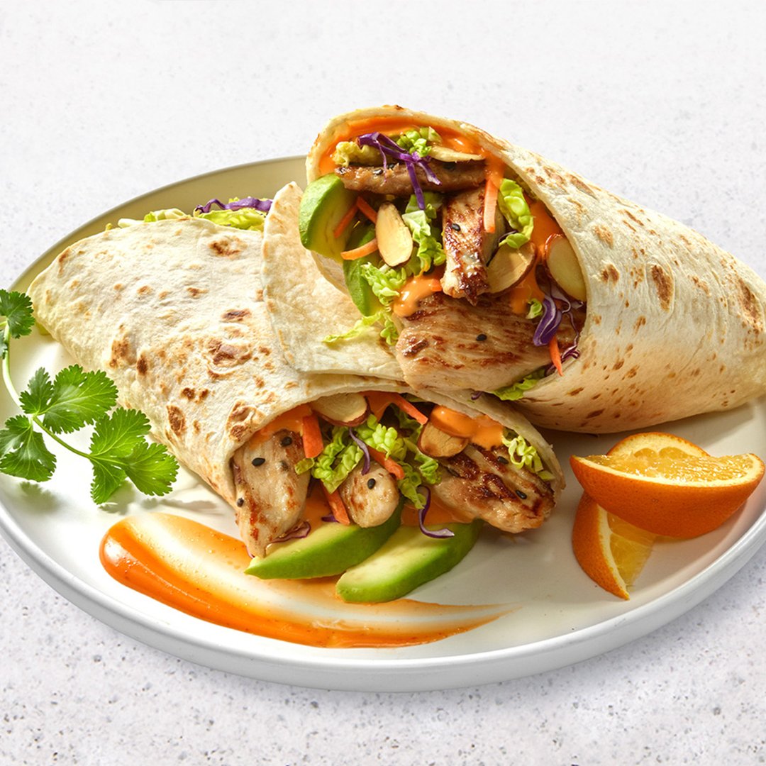 Orange Chicken Tortilla Wrap with Shredded Veggies, Avocado & Sesame ...