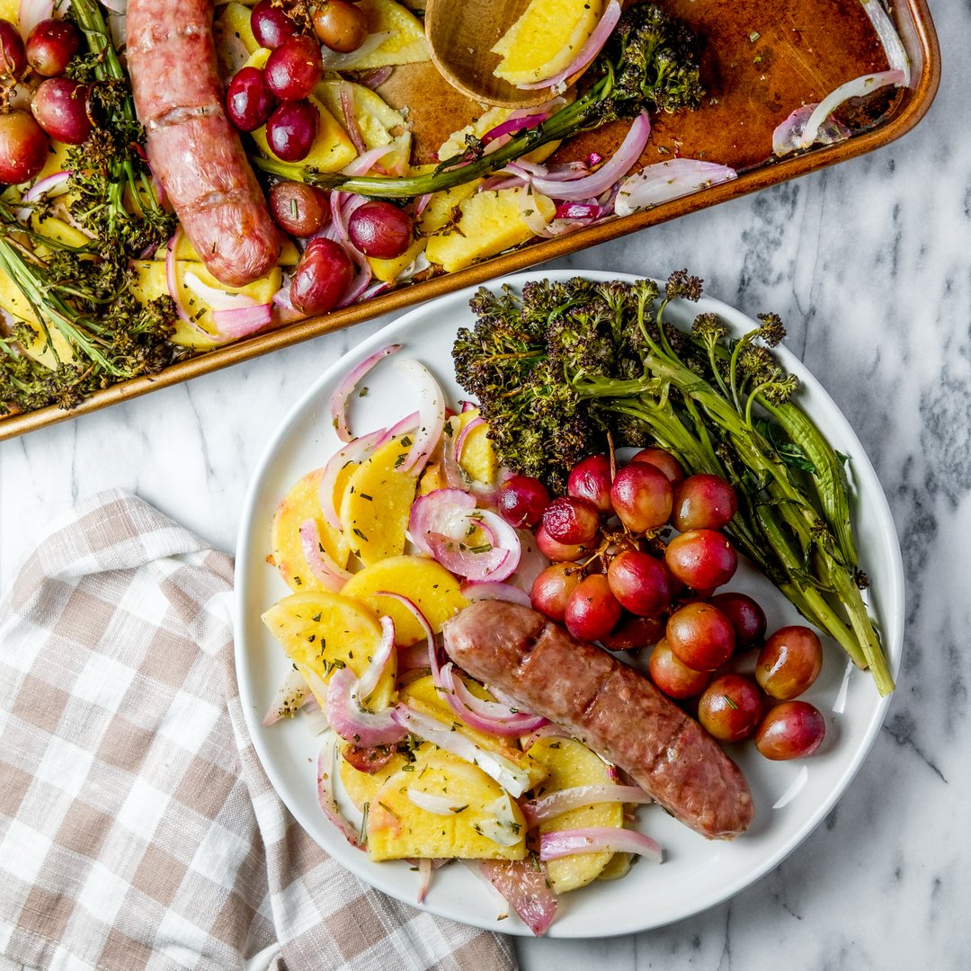 Easy Sheet Pan Balsamic Glazed Pork Sausage with Polenta, Grapes ...