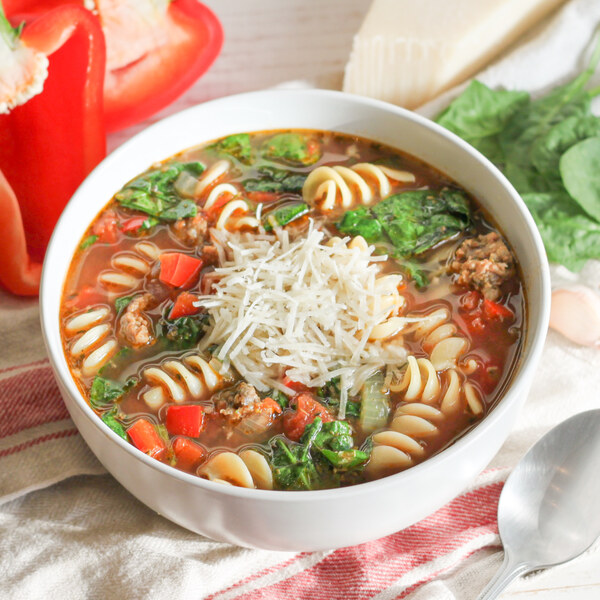 Italian Sausage Soup with Rotini Pasta, Bell Pepper, Tomato & Spinach ...