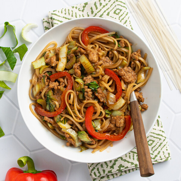 Asian Recipes - Miso-Hoisin Rice Noodles with Chicken, Bok Choy & Bell ...