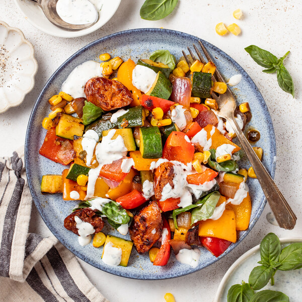 Veggie Sausage Sauté with Bell Pepper, Zucchini, Corn & Basil Yogurt ...