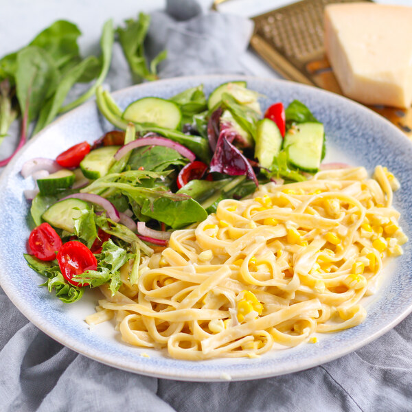 Creamy Pasta Recipes - Fresh Creamed Corn Fettuccine with Lettuce, Cucumber & Tomato Salad | Safeway