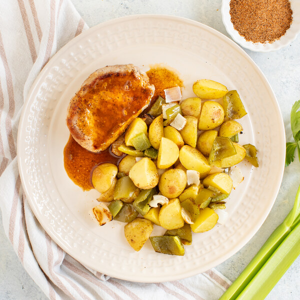 Cajun Pork Chop with Spicy Pan Sauce, Potatoes, Bell Pepper & Celery ...