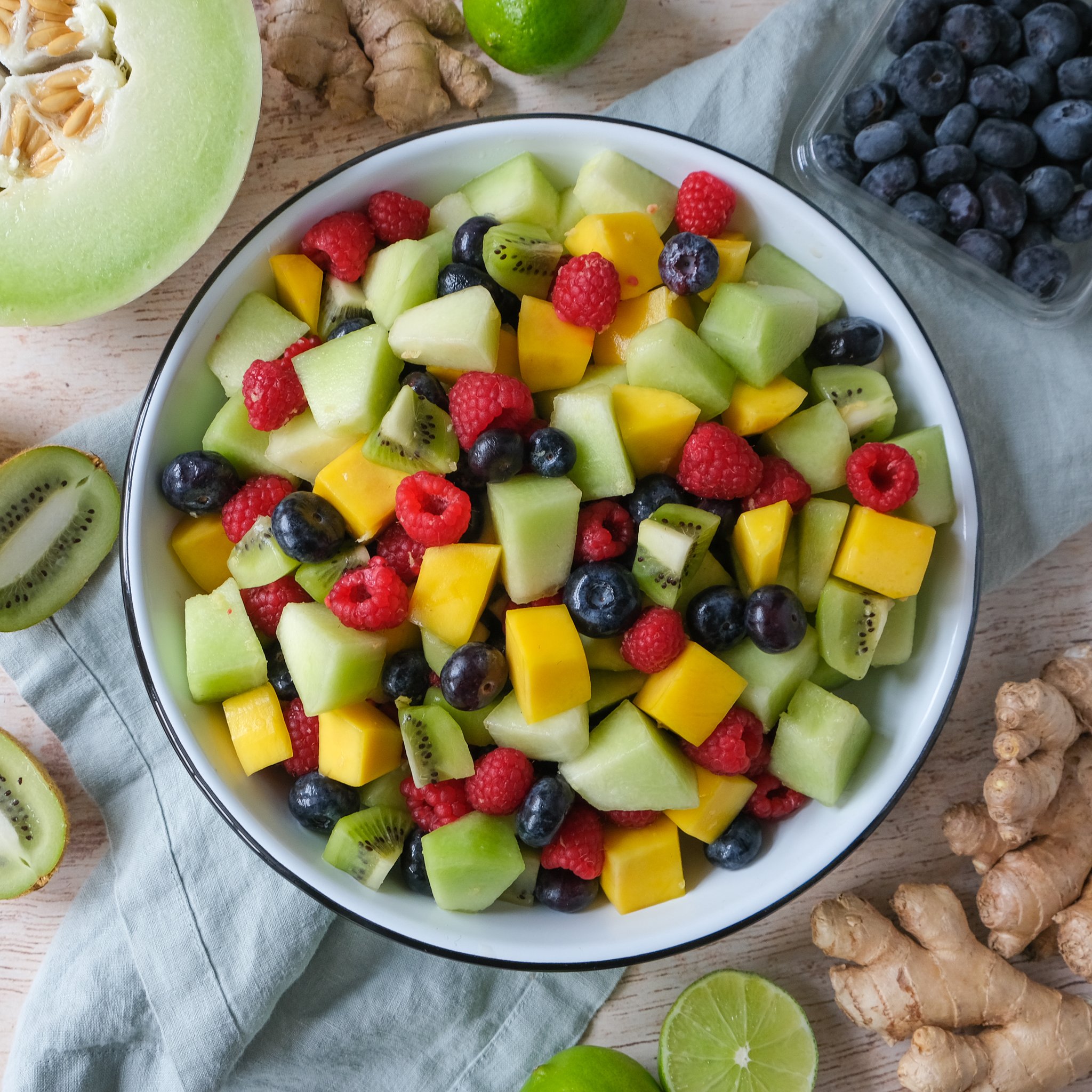 Ginger-Lime Fruit Salad with Honeydew Melon, Mango, Kiwi, Raspberries ...