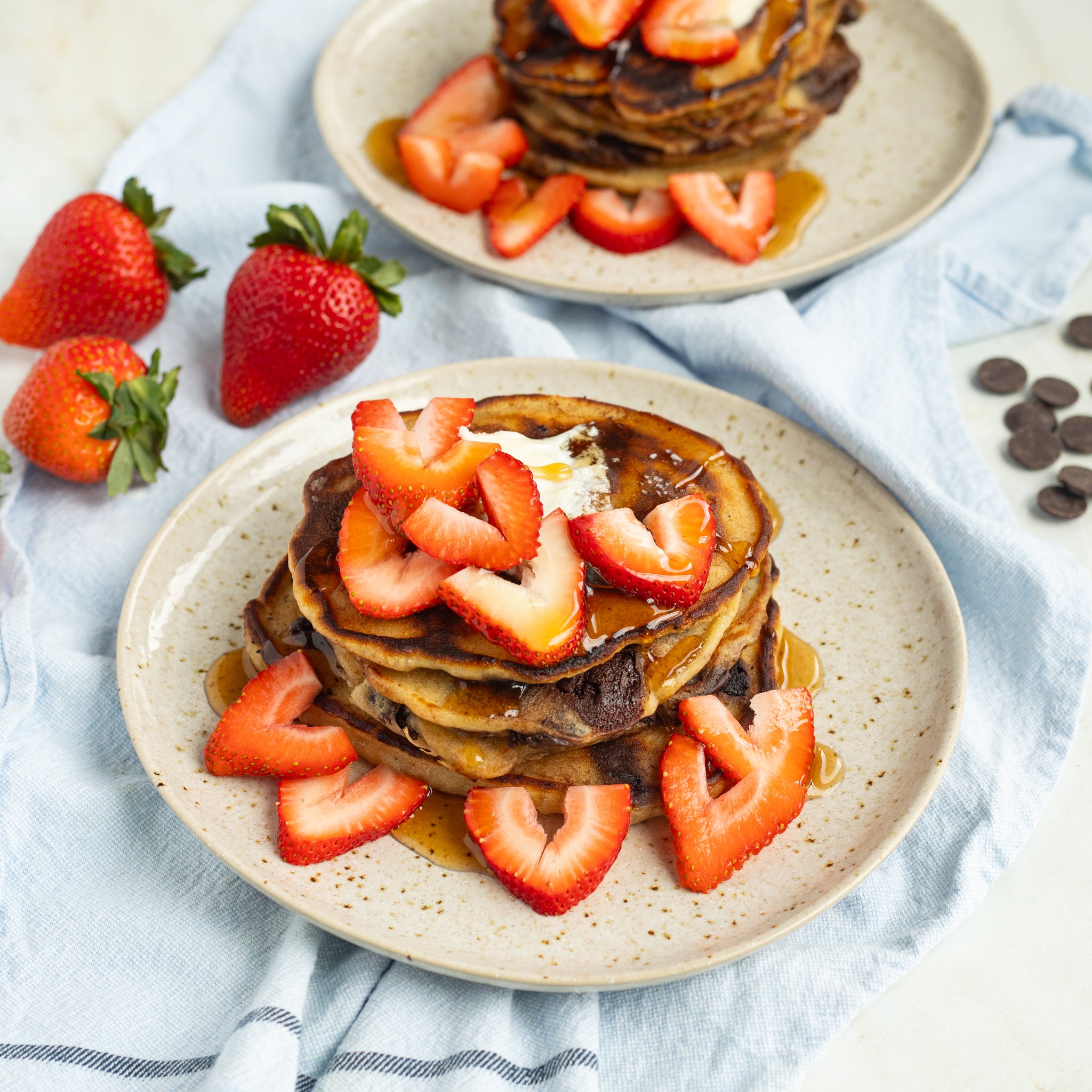 Sweetheart Chocolate Chip Pancakes with Strawberries & Maple Syrup ...