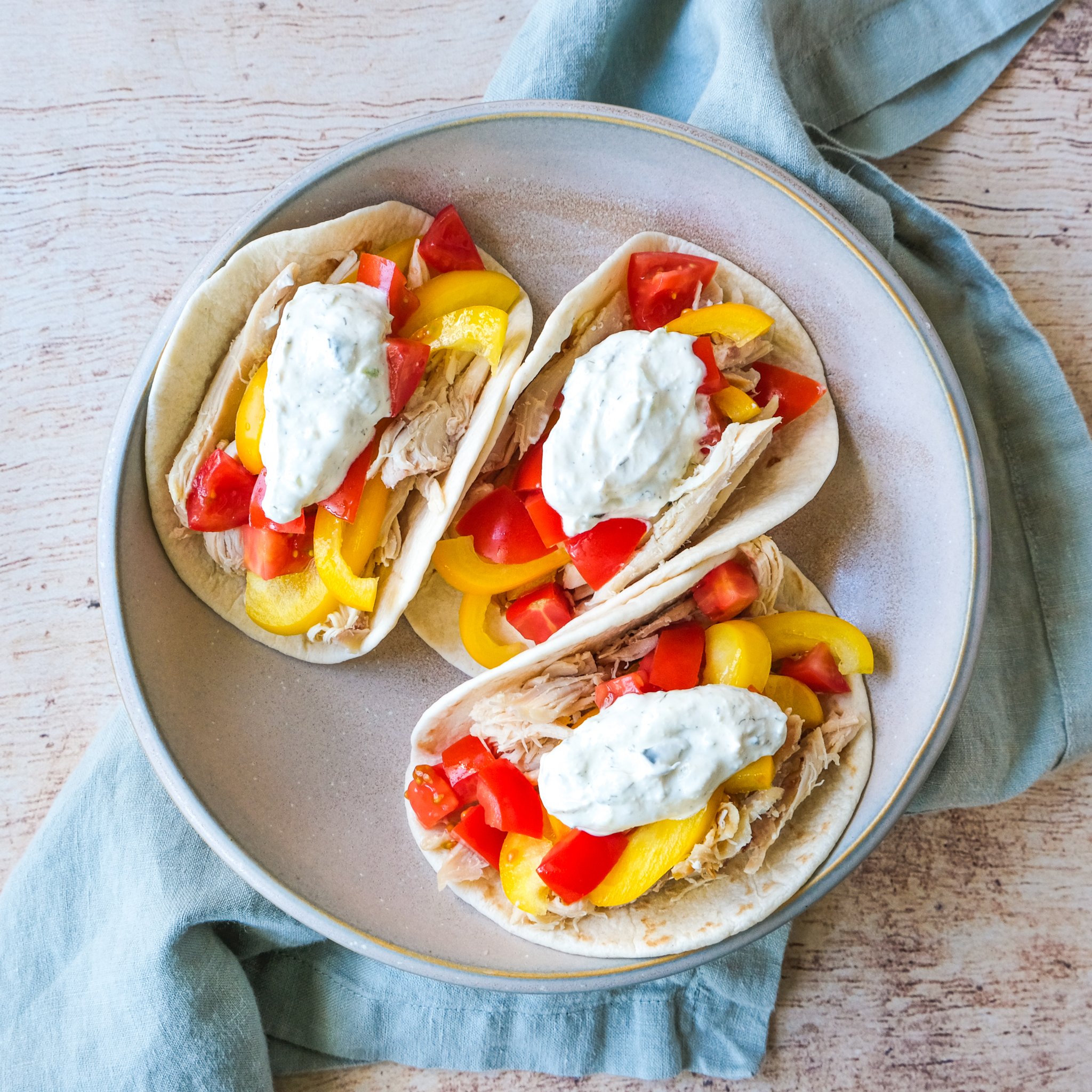 Short Cut Greek-Inspired Chicken Soft Tacos with Bell Pepper, Tomato ...