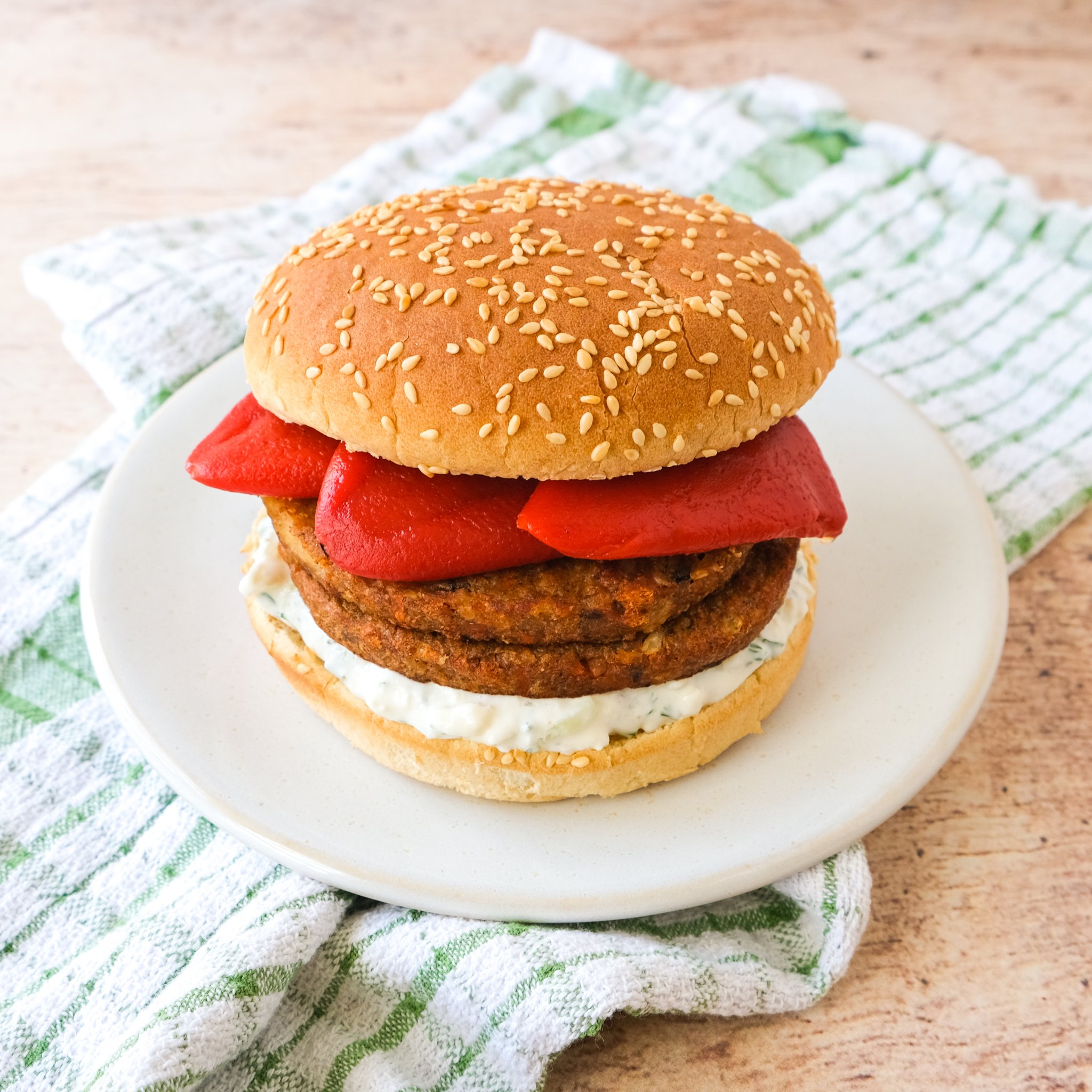 Short Cut Double-Veggie Burger with Roasted Peppers, Tzatziki & Feta ...
