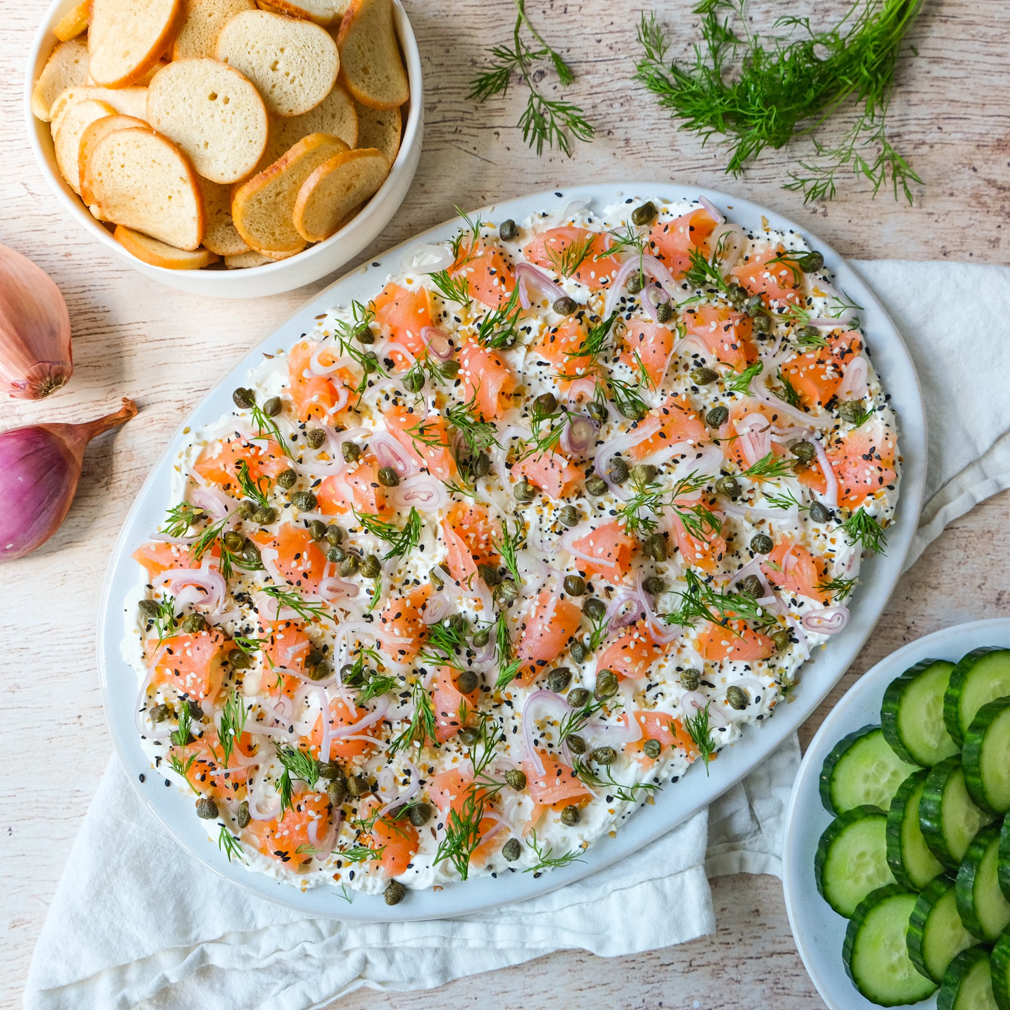 "Everything Bagel & Lox" Cream Cheese Board with Bagel Chips & Cucumber ...