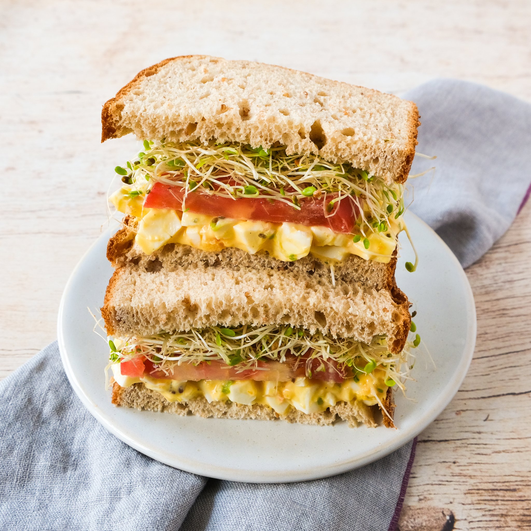 Short Cut Creamy Ranch Egg Salad Sandwich with Tomato & Alfalfa Sprouts ...