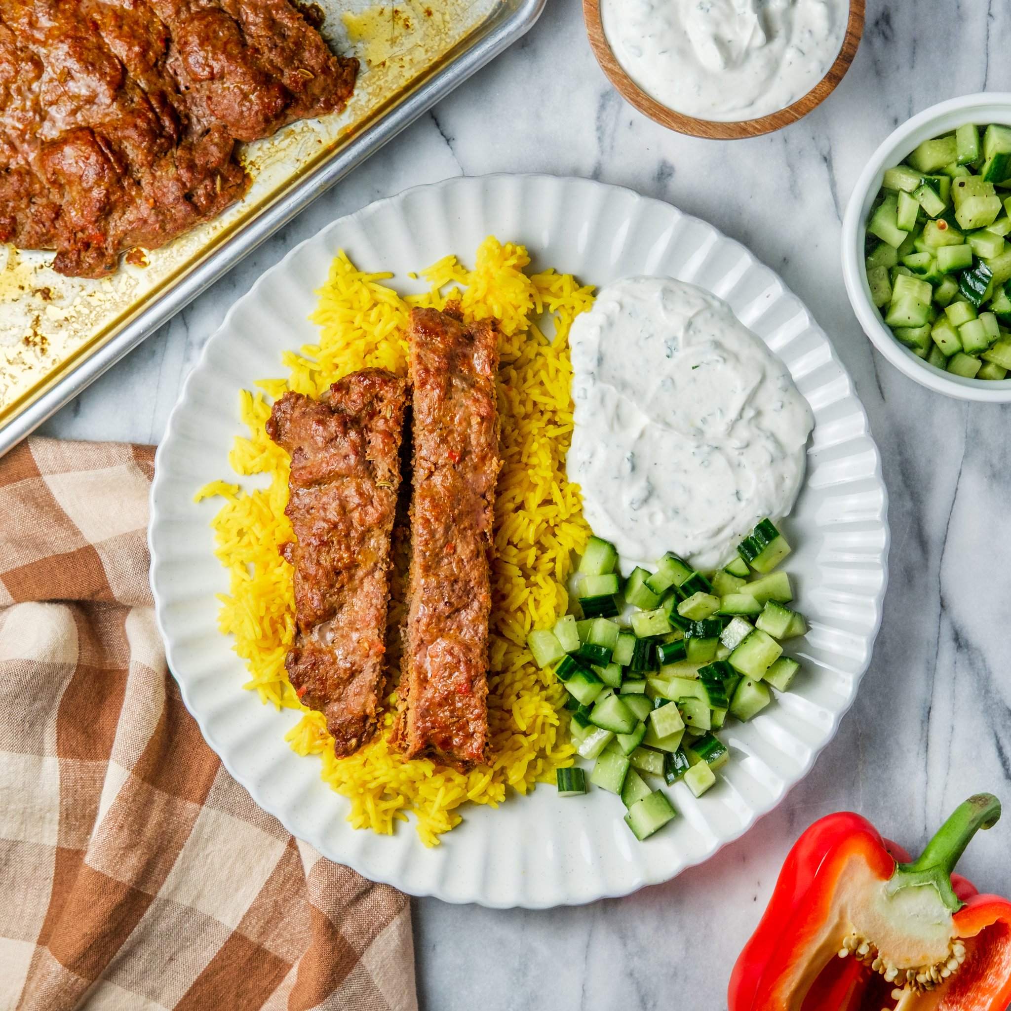 Beef "Sheet Pan Kebab" Plate with Yellow Rice, Cucumber Salad & Mint ...