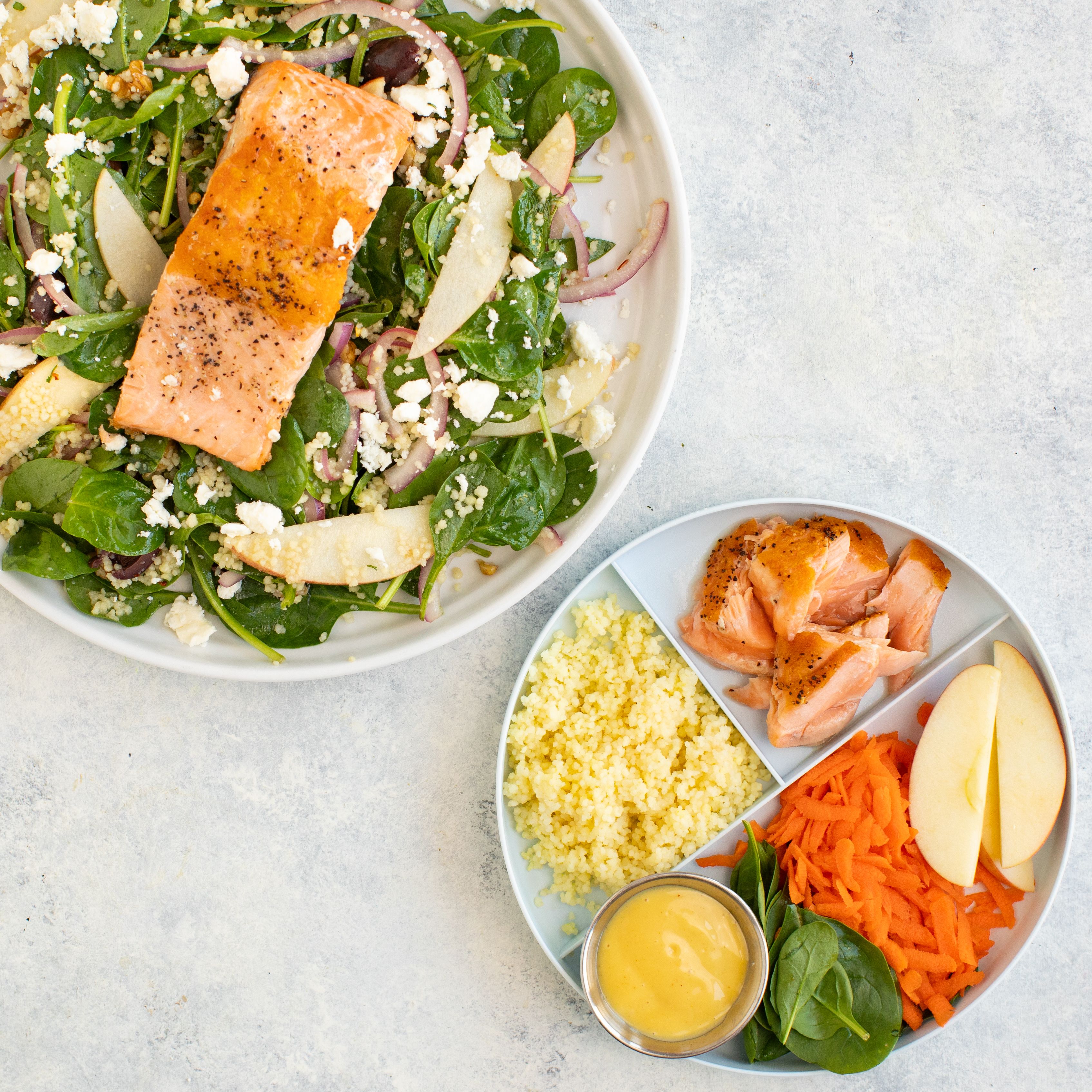 Spinach Salad with Salmon, Couscous, Apples, Olives, Walnuts & Feta ...