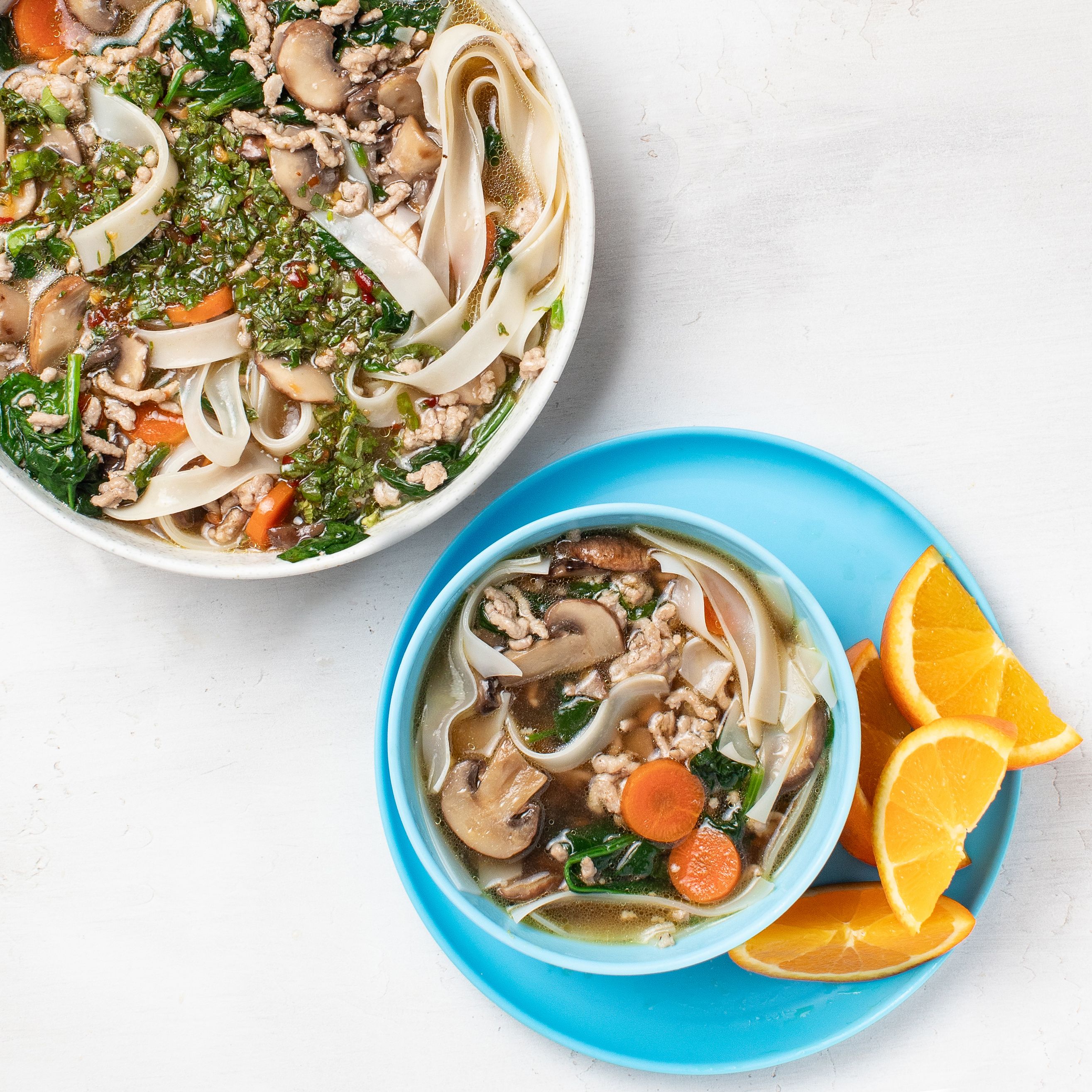 Asian Pork Rice Noodle Soup with Carrot, Mushroom, Spinach & Fresh ...