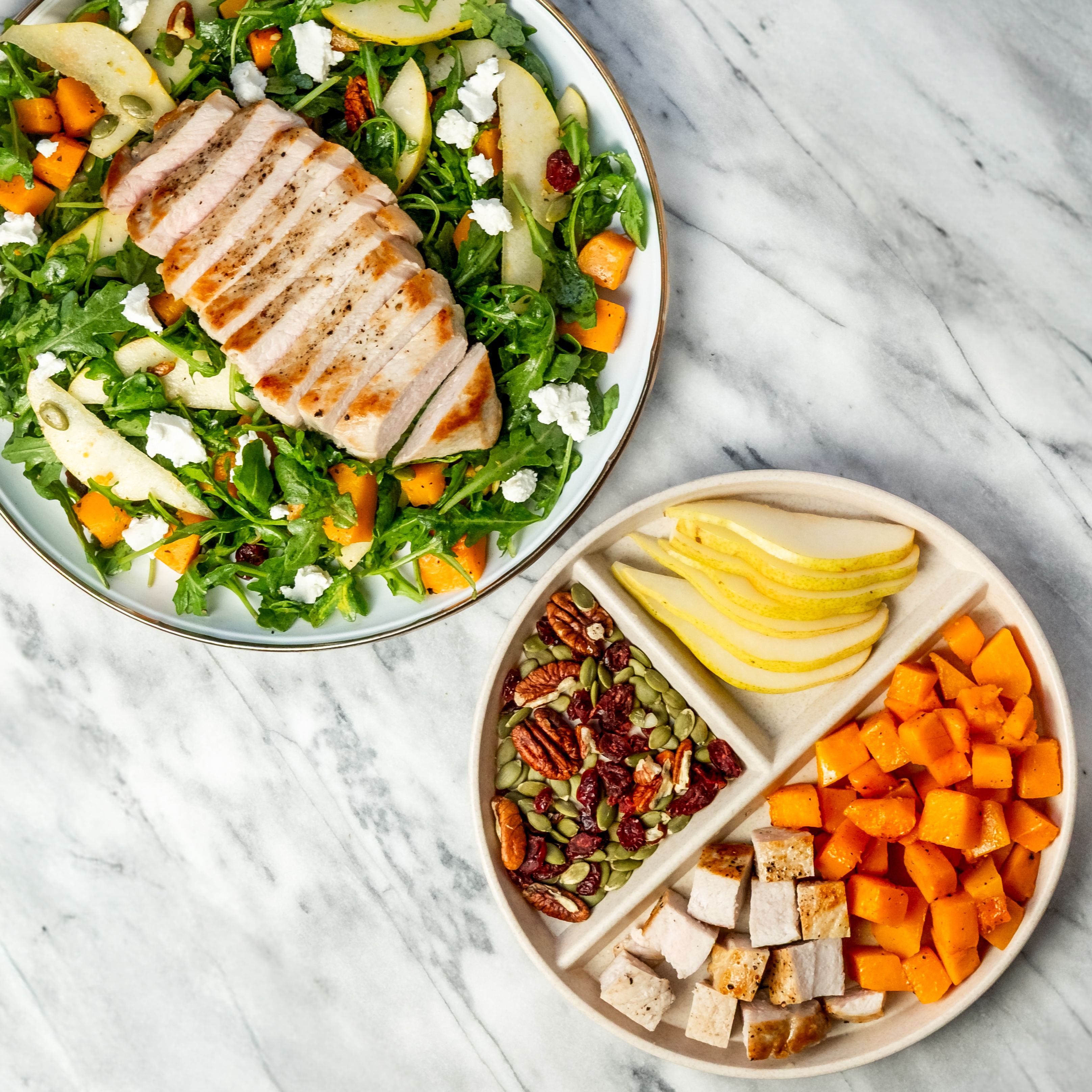 Arugula Salad with Pork, Butternut Squash, Pears, Goat Cheese & Trail ...