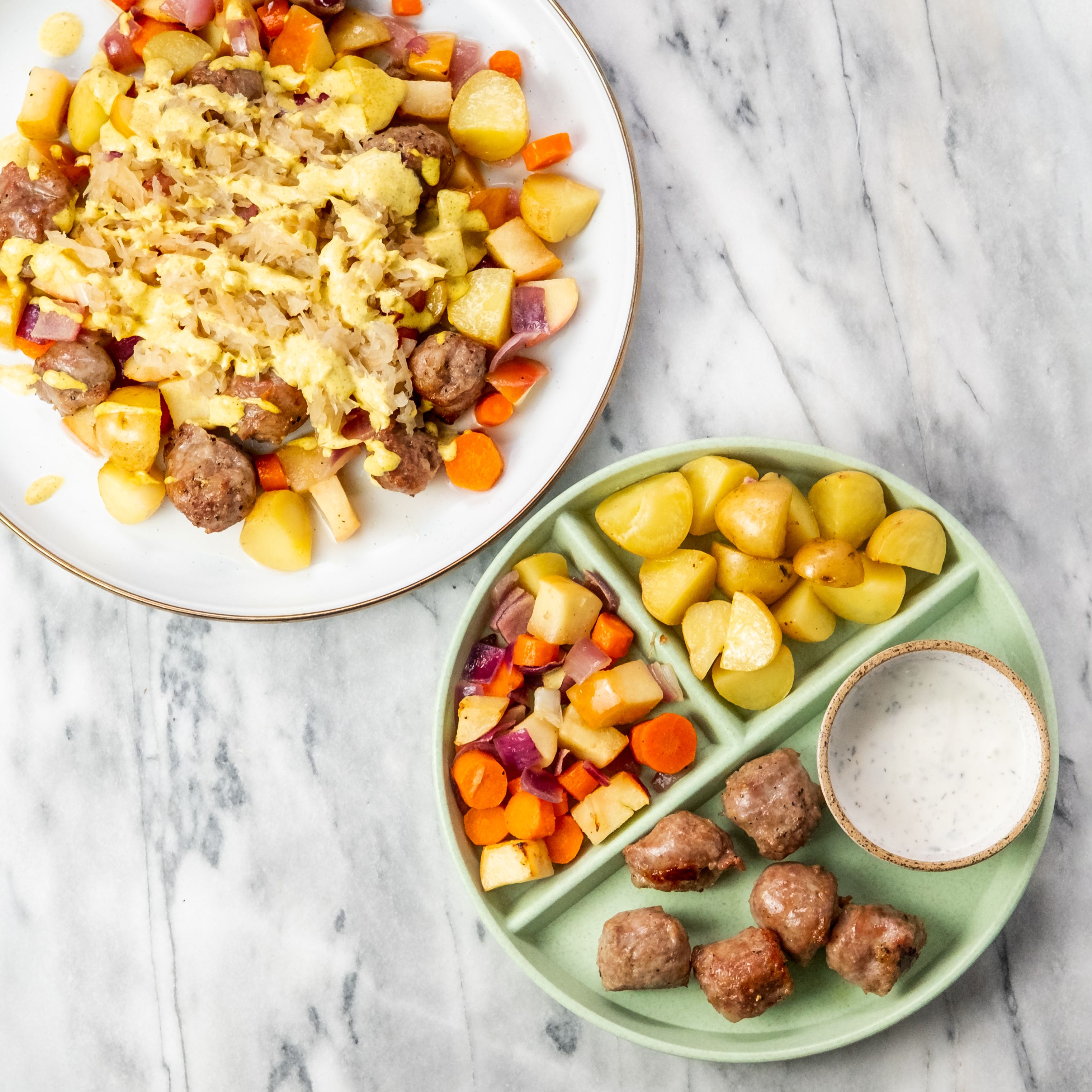 German-Style Sausage Bake with Potato, Apple, Sauerkraut & Curried Mayo ...