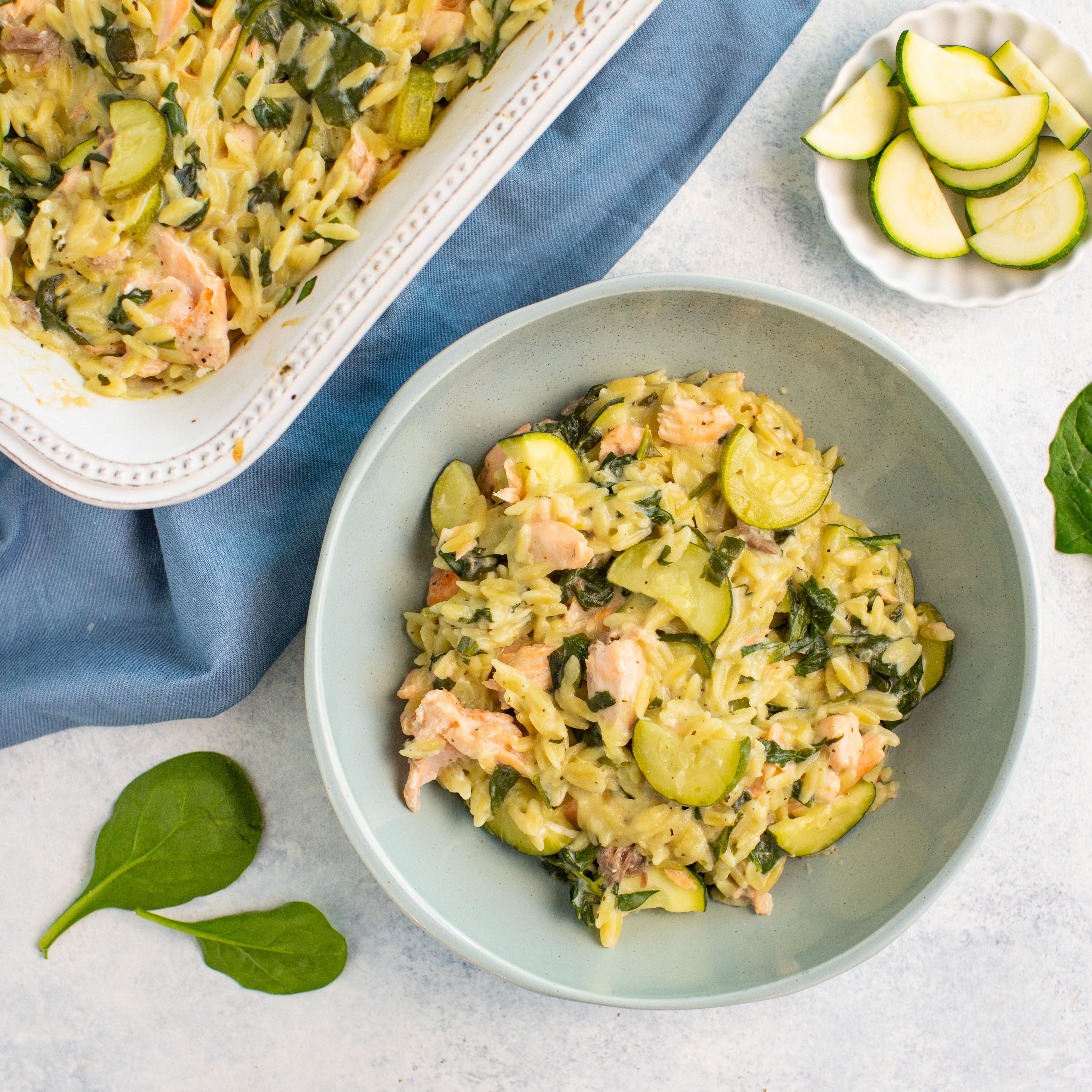 Creamy Orzo Pasta Casserole with Salmon, Herbed Cheese, Spinach ...