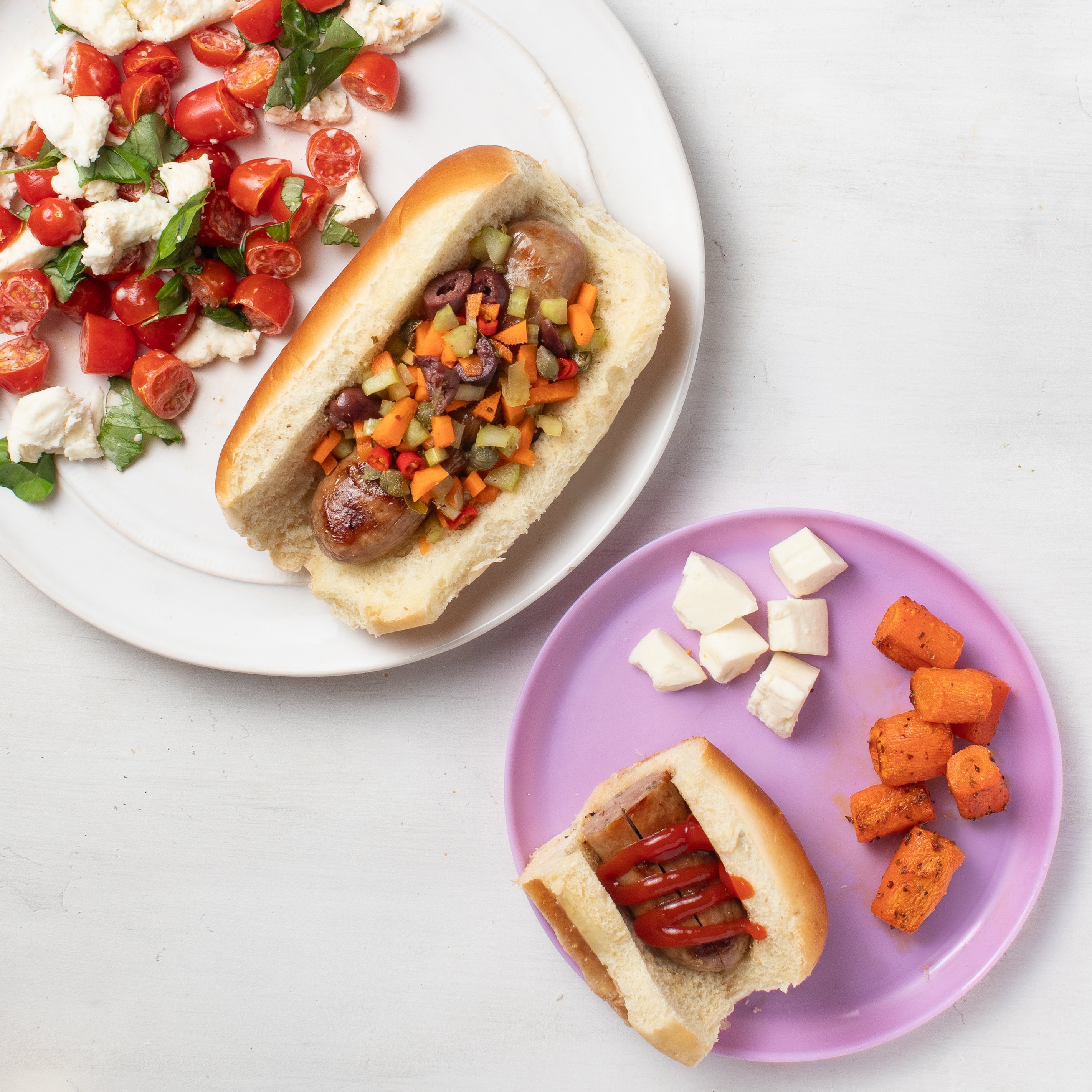 Grilled Pork Sausage Bun with Veggie Relish & Tomato-Mozzarella ...