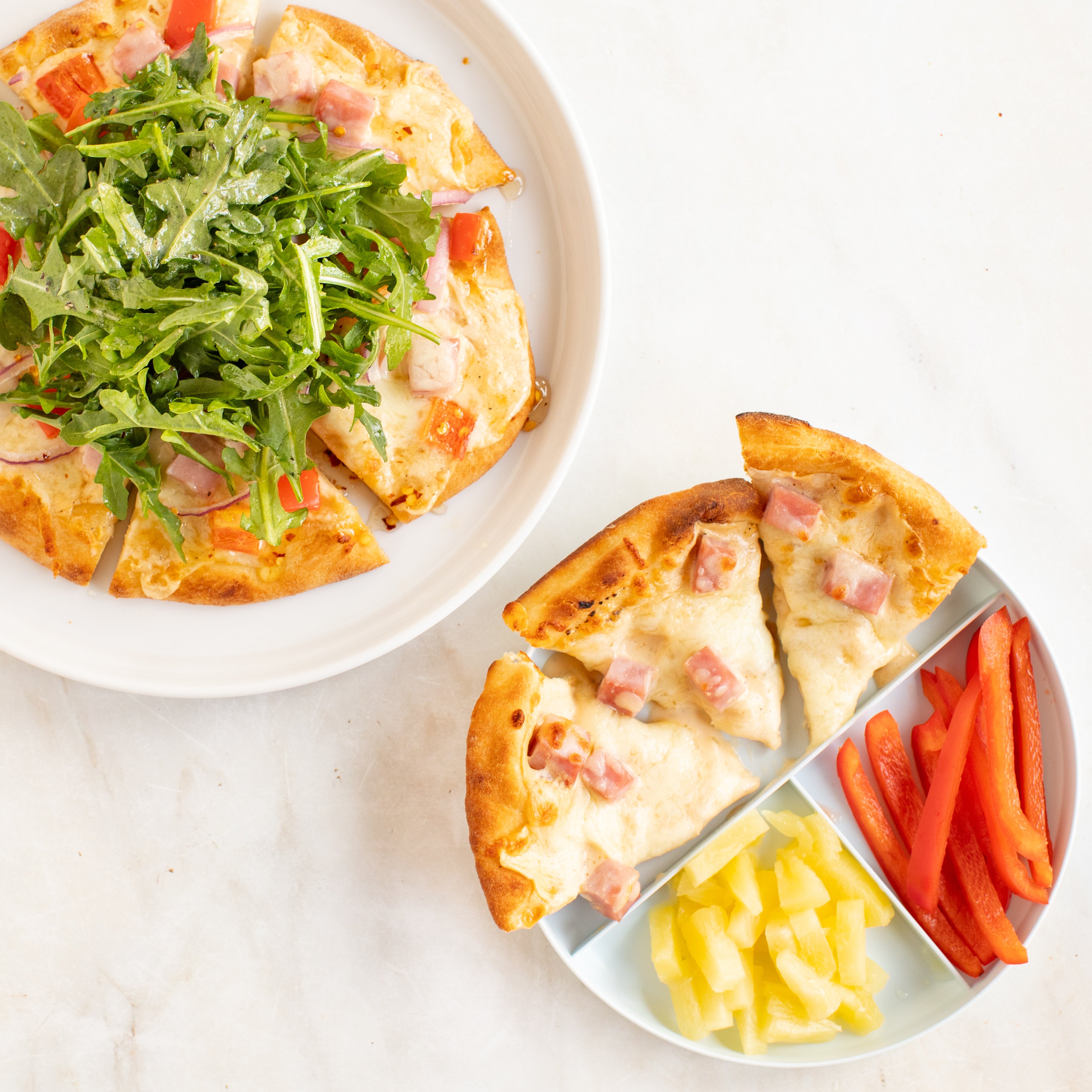 Cheesy Ham-Bell Pepper Alfredo Flatbread with Hot Honey & Lemony ...