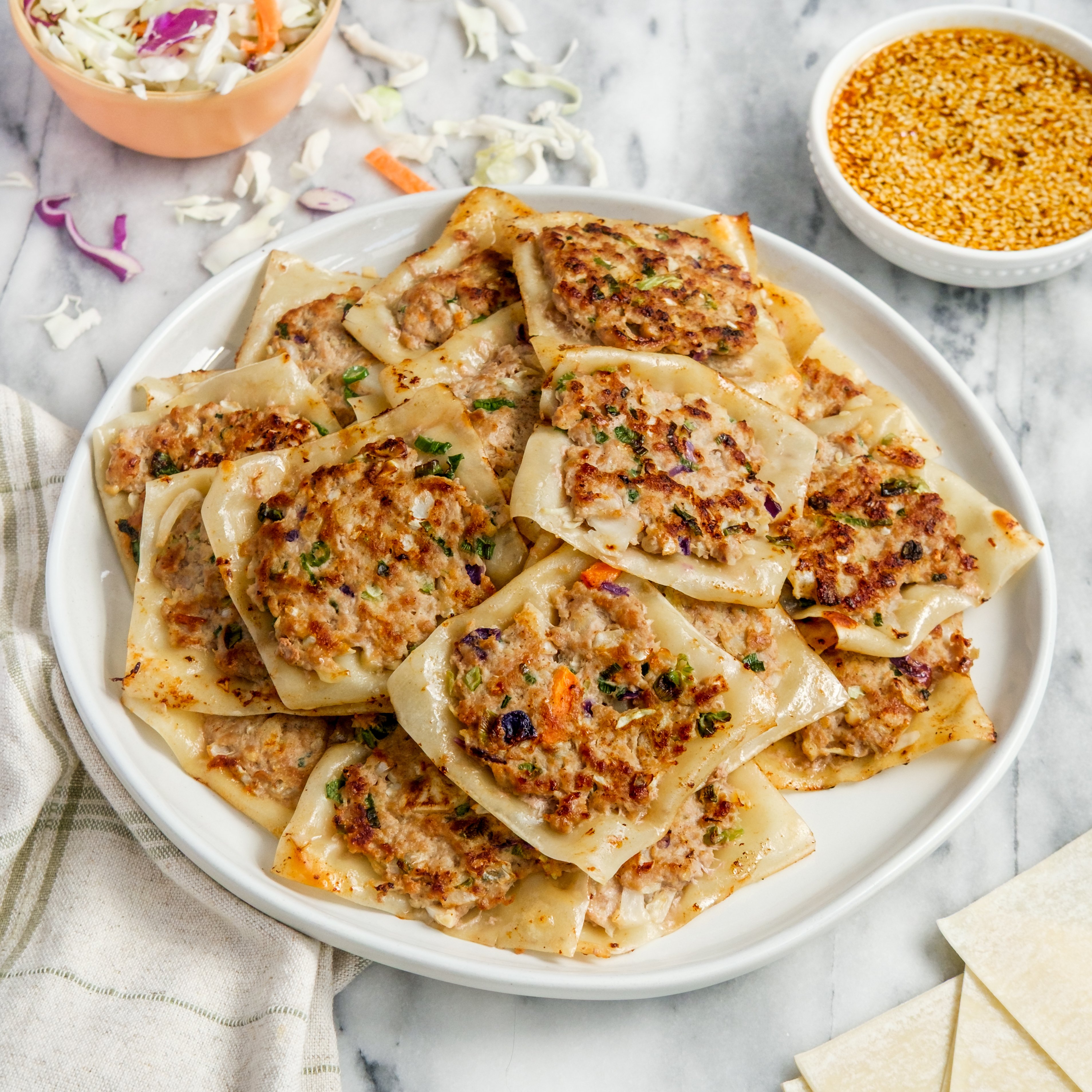 Crispy Open-Faced Pork & Cabbage Won Tons with Sesame Soy Dipping Sauce ...