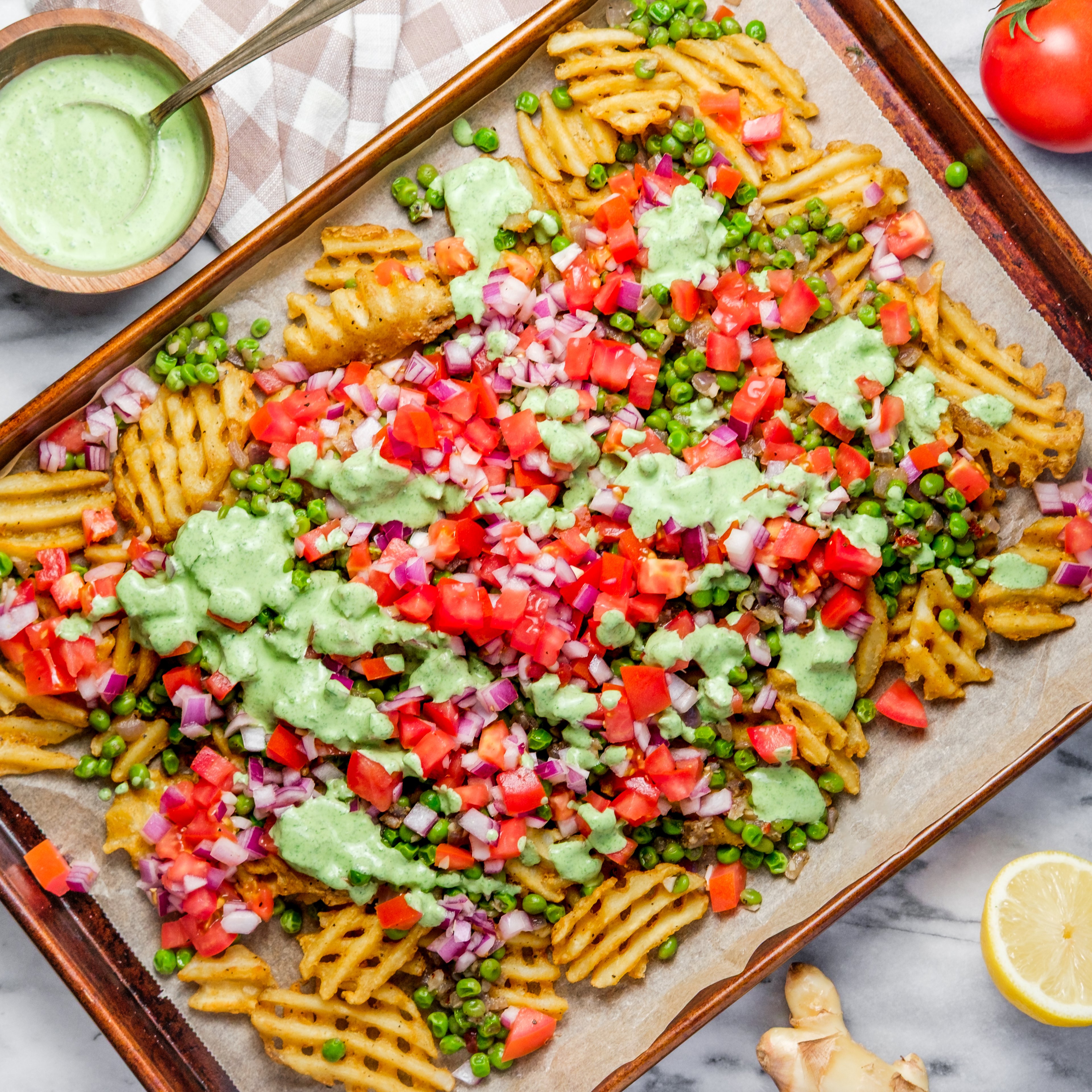 Indian "Samosa" Potato Waffle Fries with Curried Peas, Tomato, Onion ...
