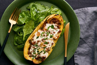Beef Moussaka–Stuffed Delicata Squash with Greek Yogurt Sauce | Safeway