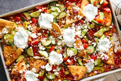 Greek Pita Nachos with Harissa Chickpeas and Feta-Yogurt Sauce | Safeway