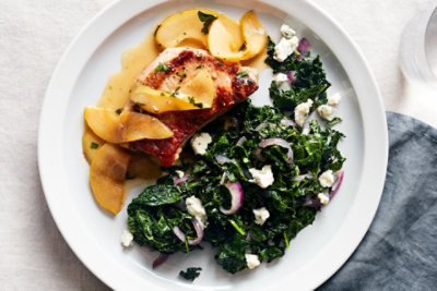 Pan-Roasted Pork Chop with Pear–Brown Butter Sauce, Sautéed Kale, and ...