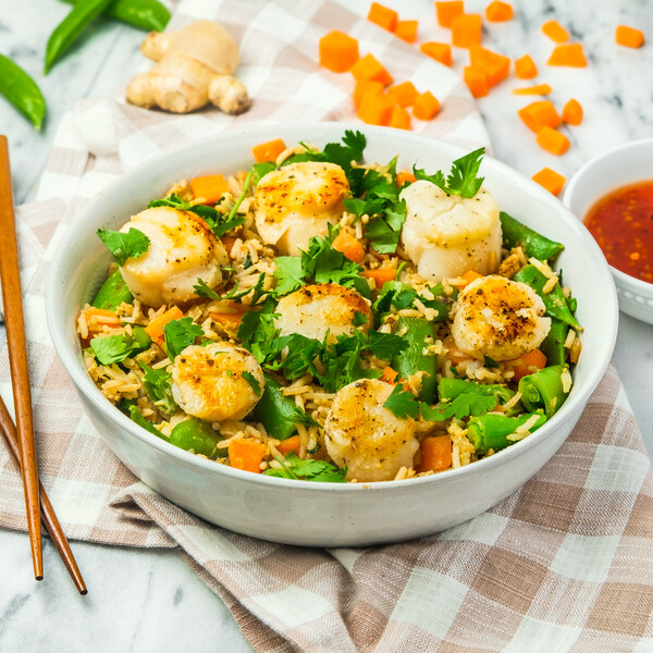 Scallops over Spicy Egg Fried Rice with Snap Peas, Carrots & Cilantro ...