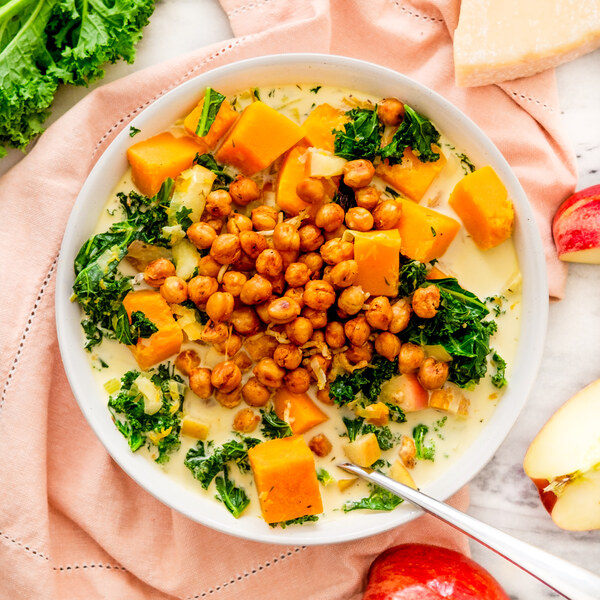 Creamy Squash, Kale & Apple Soup with Crispy Parmesan Chickpeas | Jewel ...