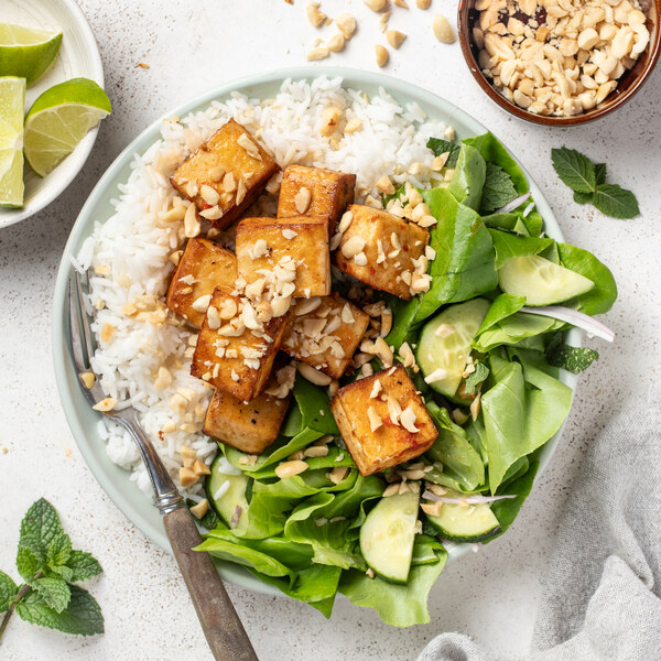 Thai-Style Tofu with Peanuts, Rice & Cucumber Butter Lettuce Salad ...