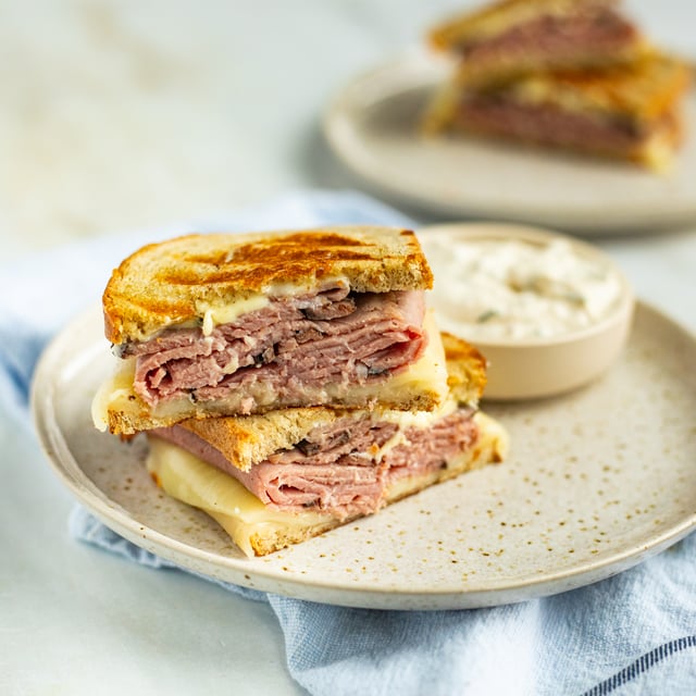 Roast Beef "Grilled" Mozzarella & Blue Cheese Sandwiches on Rye with ...