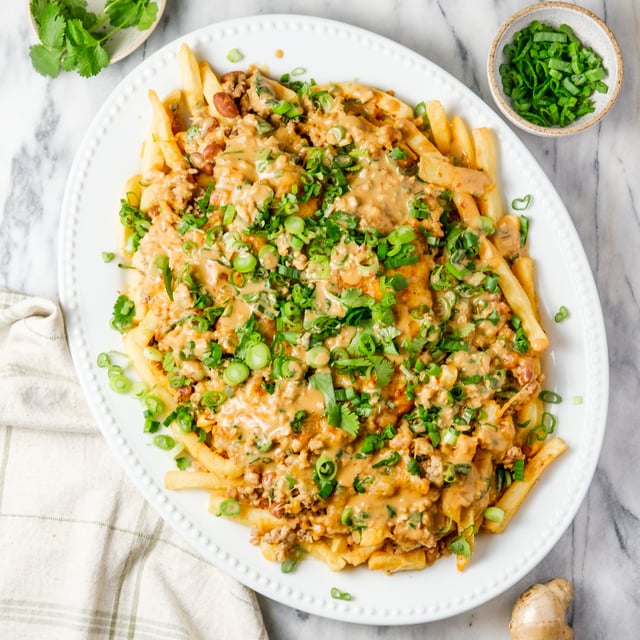 Chinese "Dan Dan" Pork Chili-Cheese Fries with Green Onions & Cilantro ...