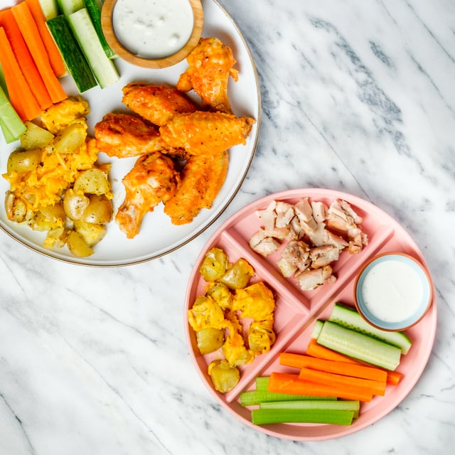 Buffalo Chicken Wings with Cheesy Potatoes, Veggie Sticks & Blue Cheese ...