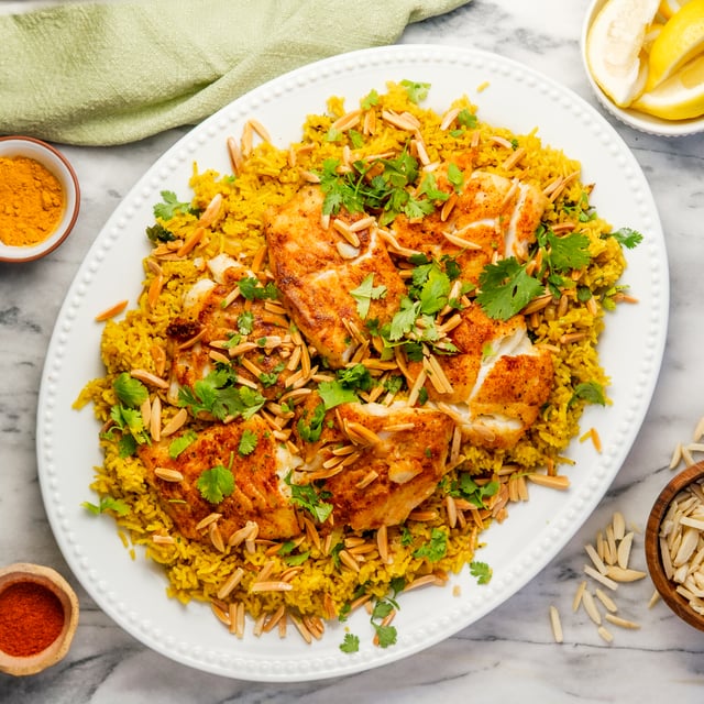 Lebanese Pan-Fried Fish (Sayadieh) with Spiced Rice, Caramelized Onions ...