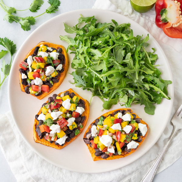 Mexican Recipes - Cheesy Sweet Potato "Tostadas" with Beans, Mango ...