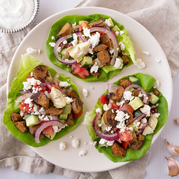 Vegetarian Recipes - Veggie Sausage & Greek Salad Lettuce Wraps with ...