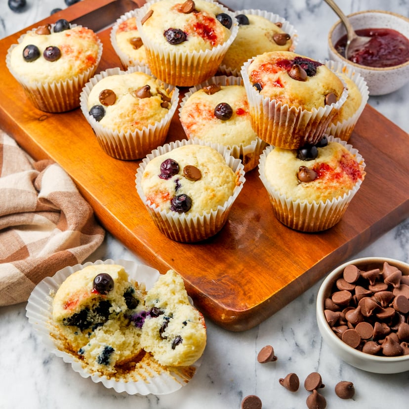 "Hidden Treasure" Muffins with Strawberry Jam, Blueberries & Chocolate ...
