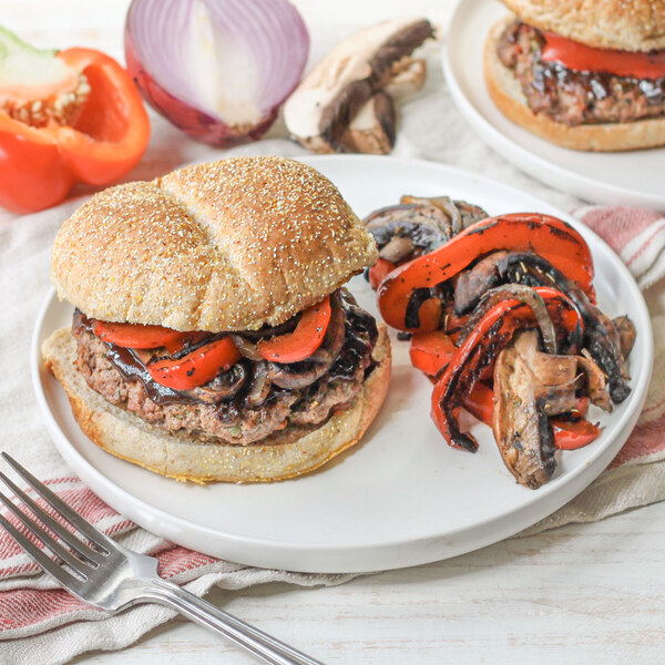 Veggie Burger with Balsamic BBQ Sauce, Portobello Mushrooms & Peppers ...