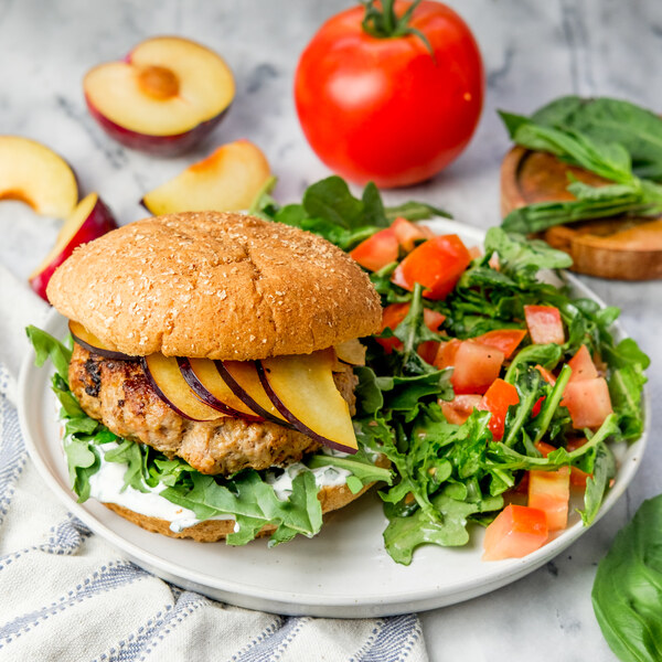 Grilled Pork Burger with Basil Yogurt, Plum & Arugula-Tomato Salad | Vons