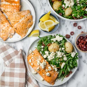 Easy Sheet Pan Greek Salmon with Lemon Potatoes, Wilted Arugula, Olives ...
