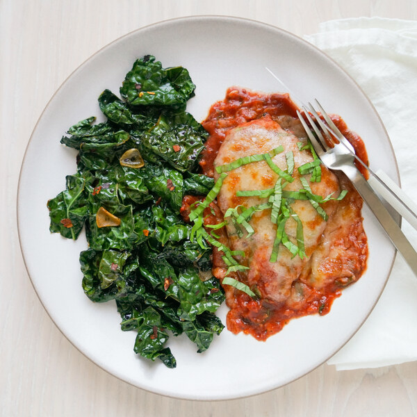 Italian Recipes - Spicy Chicken Parmesan with Sautéed Garlicky Kale ...