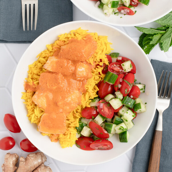 Indian Recipes - Cod Tikka Masala over Pilau Rice with Cucumber, Tomato ...