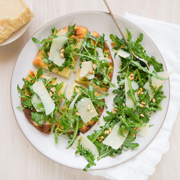 Cheesy Flatbread with Lemony Arugula, Parmesan & Toasted Pine Nuts ...