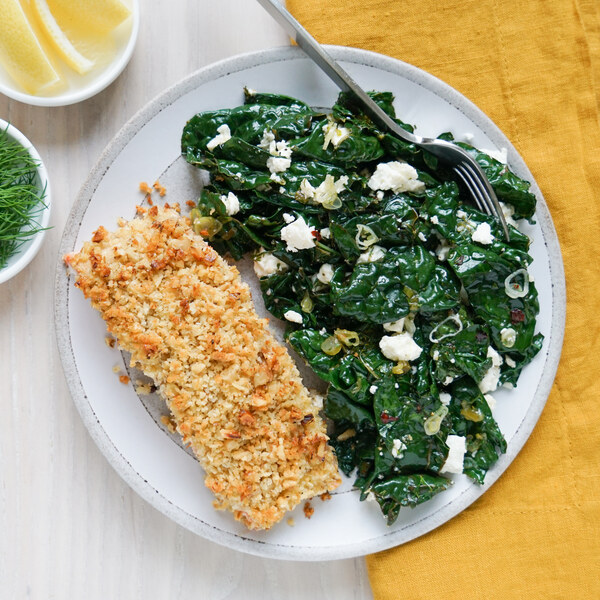 Fish - Walnut Crusted Salmon with Greek-Style Kale, Dill & Feta Sauté ...