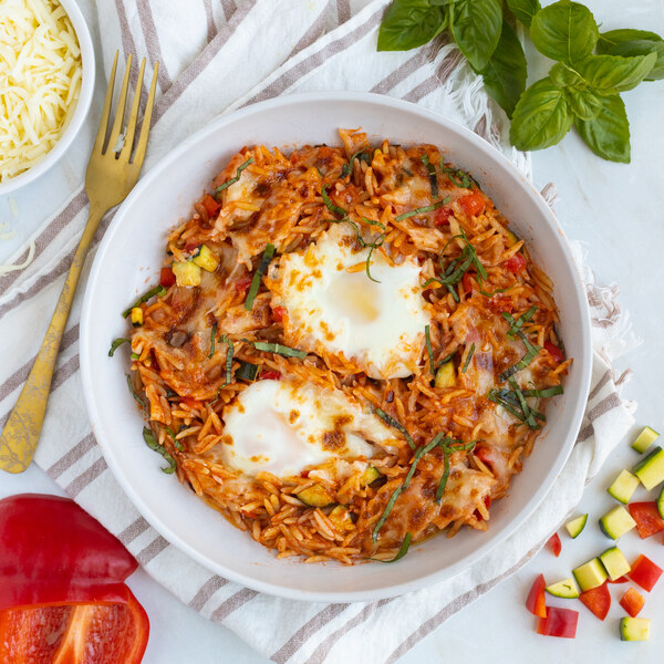 Casserole Recipes - Cheesy Orzo Skillet Bake with Zucchini, Bell Pepper ...