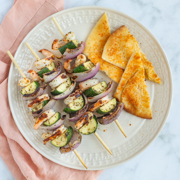 Grilled Shrimp, Zucchini & Onion Skewers with Cheesy Garlic Flatbread ...