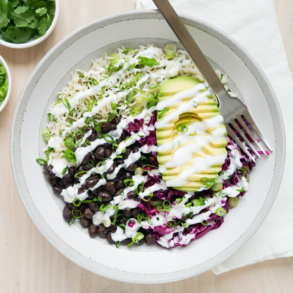 Black Bean Rice Bowl with Spicy Cabbage Slaw, Yogurt Crema & Avocado ...